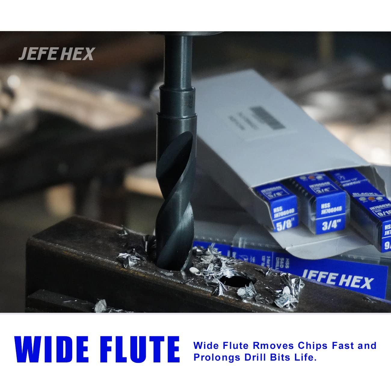 Jefe Hex Reduced Shank Industrial Drill Bit, 5/8 Inch Silver and Deming Drill Bits, HSS Black Oxide Finish Drill Bits, 135-Degree Split Point, Zinc Alloy, Wood and Plastic