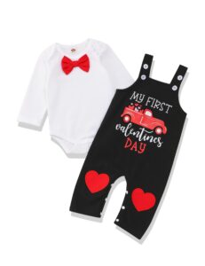 bilison my first valentine's day outfit newborn baby boys clothes bow tie bodysuit print overalls 2pcs romper set 0-12 months