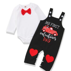 bilison My First Valentine's Day Outfit Newborn Baby Boys Clothes Bow Tie Bodysuit Print Overalls 2Pcs Romper Set 0-12 Months