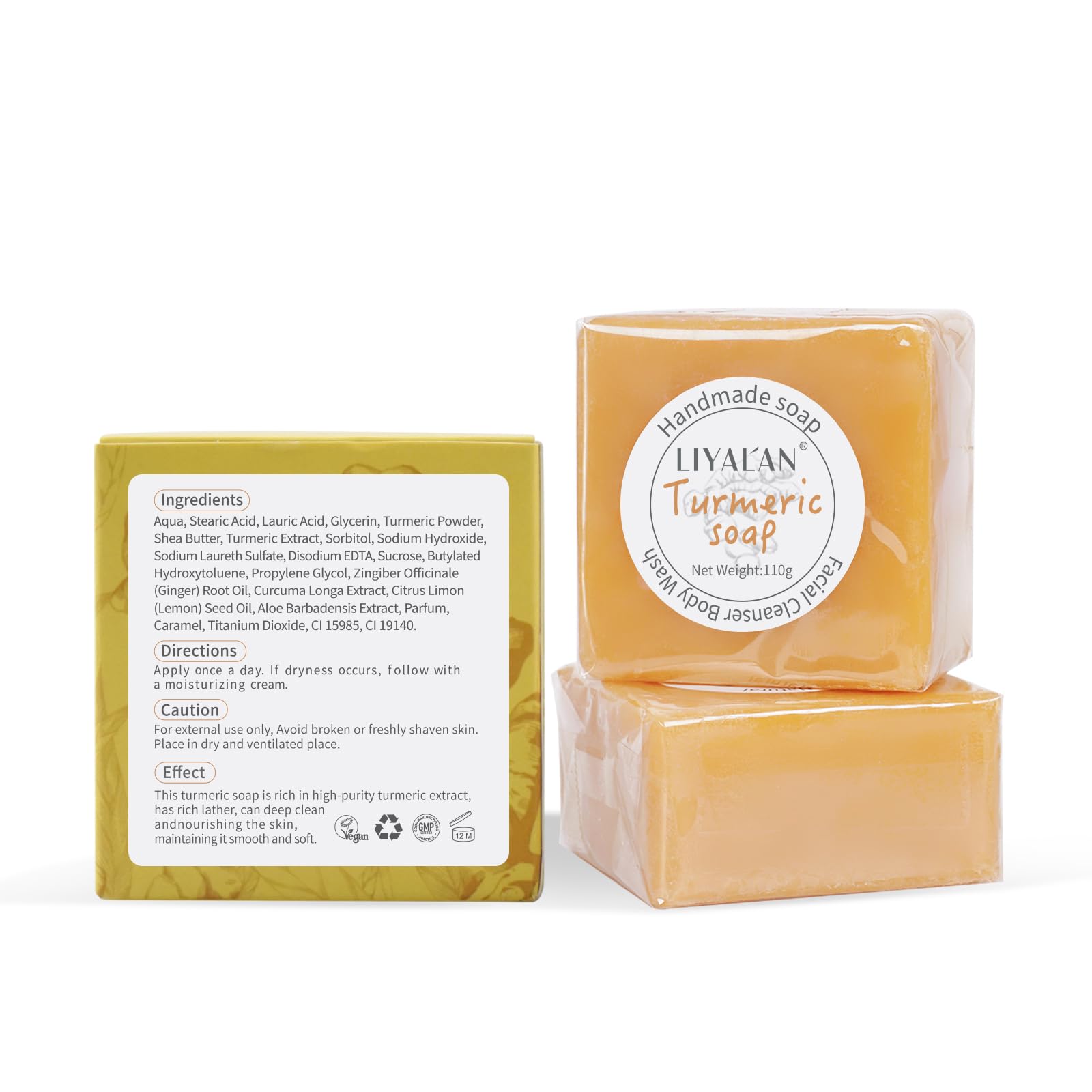 LIYALAN Turmeric Soap Bar(3.88 oz / 2 Bars) for Face & Body-Turmeric Soap,Smooth Skin,Cleansing Natural Handmade Soap Sensitive Skin Formula, Vegan Soap