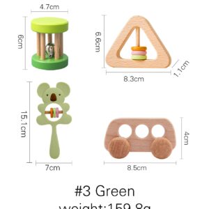 Promise Babe Wooden Baby Toys 4pcs Rattles Set Baby Toys Montessori Toys for Babies,Green