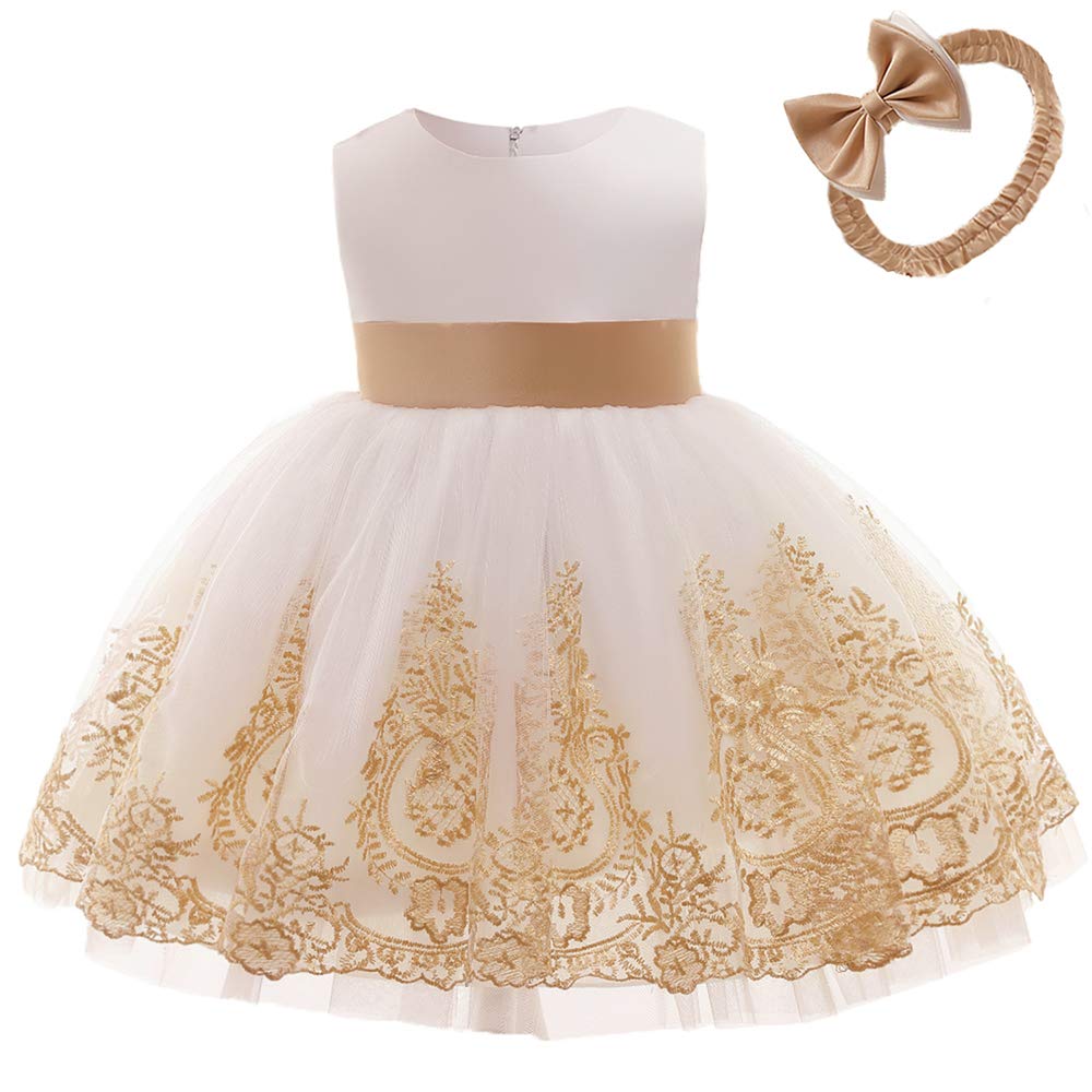 AIMJCHLD Infant Girls Easter Big Bowknot Dresses Baby Little Girls Tulle Lace Wedding Party Ball Gown Dress 3M 6M (White Gold,60)