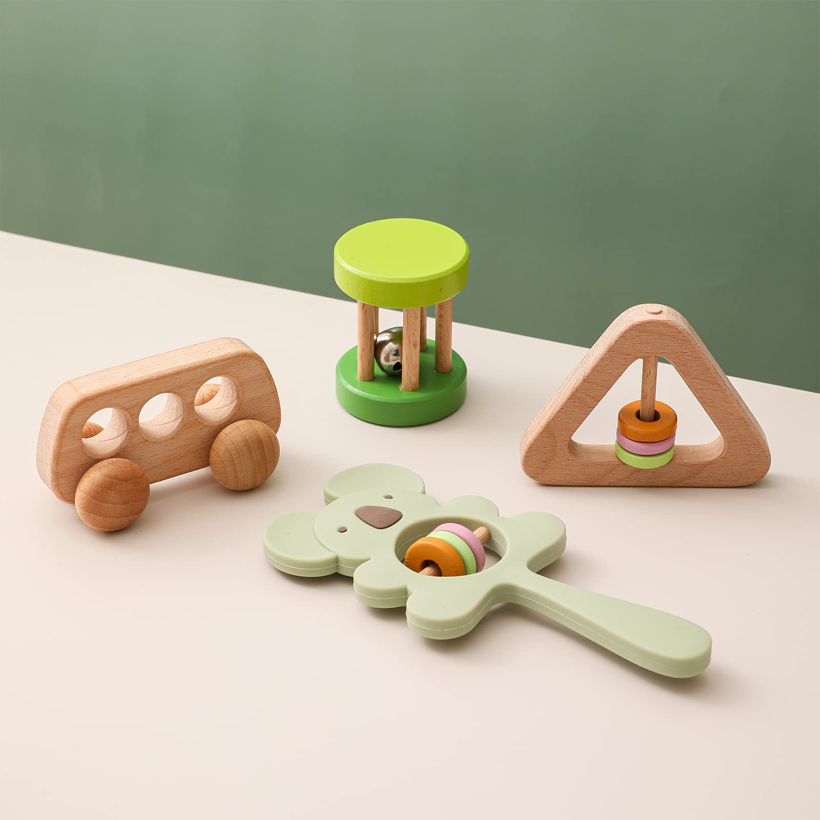 Promise Babe Wooden Baby Toys 4pcs Rattles Set Baby Toys Montessori Toys for Babies,Green