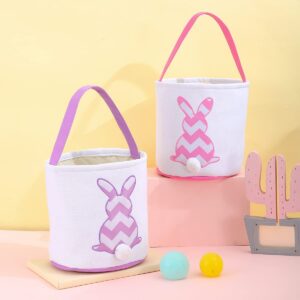 Cootato Easter Bunny Basket Bags for Kids, Stripe Rabbit Pattern Egg Basket Hunt Bags Personalized Canvas Cotton Bucket with Fluffy Tail for Easter Eggs, Candy, Gift (Pink)