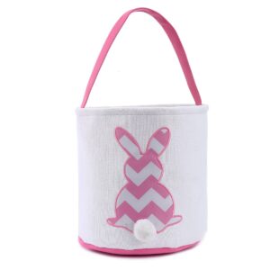 cootato easter bunny basket bags for kids, stripe rabbit pattern egg basket hunt bags personalized canvas cotton bucket with fluffy tail for easter eggs, candy, gift (pink)