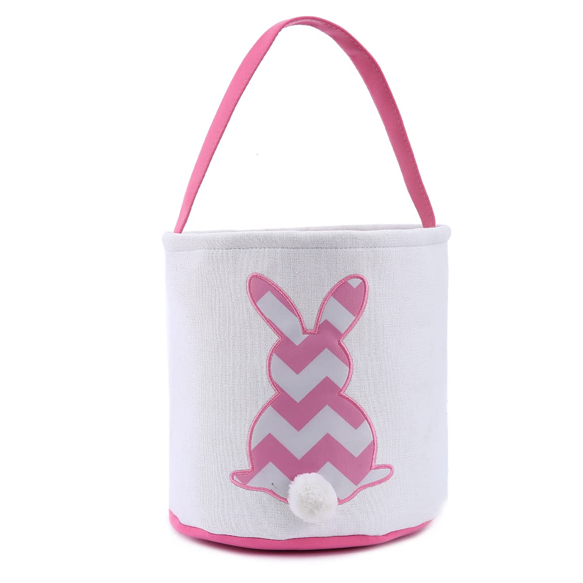 Cootato Easter Bunny Basket Bags for Kids, Stripe Rabbit Pattern Egg Basket Hunt Bags Personalized Canvas Cotton Bucket with Fluffy Tail for Easter Eggs, Candy, Gift (Pink)