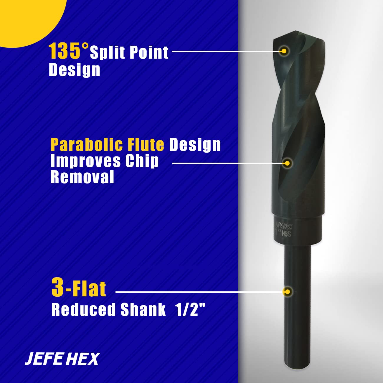 Jefe Hex Reduced Shank Industrial Drill Bit, 5/8 Inch Silver and Deming Drill Bits, HSS Black Oxide Finish Drill Bits, 135-Degree Split Point, Zinc Alloy, Wood and Plastic