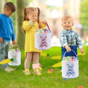 Cootato Easter Bunny Basket Bags for Kids, Stripe Rabbit Pattern Egg Basket Hunt Bags Personalized Canvas Cotton Bucket with Fluffy Tail for Easter Eggs, Candy, Gift (Pink)