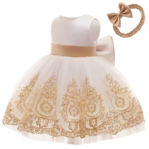 AIMJCHLD Infant Girls Easter Big Bowknot Dresses Baby Little Girls Tulle Lace Wedding Party Ball Gown Dress 3M 6M (White Gold,60)