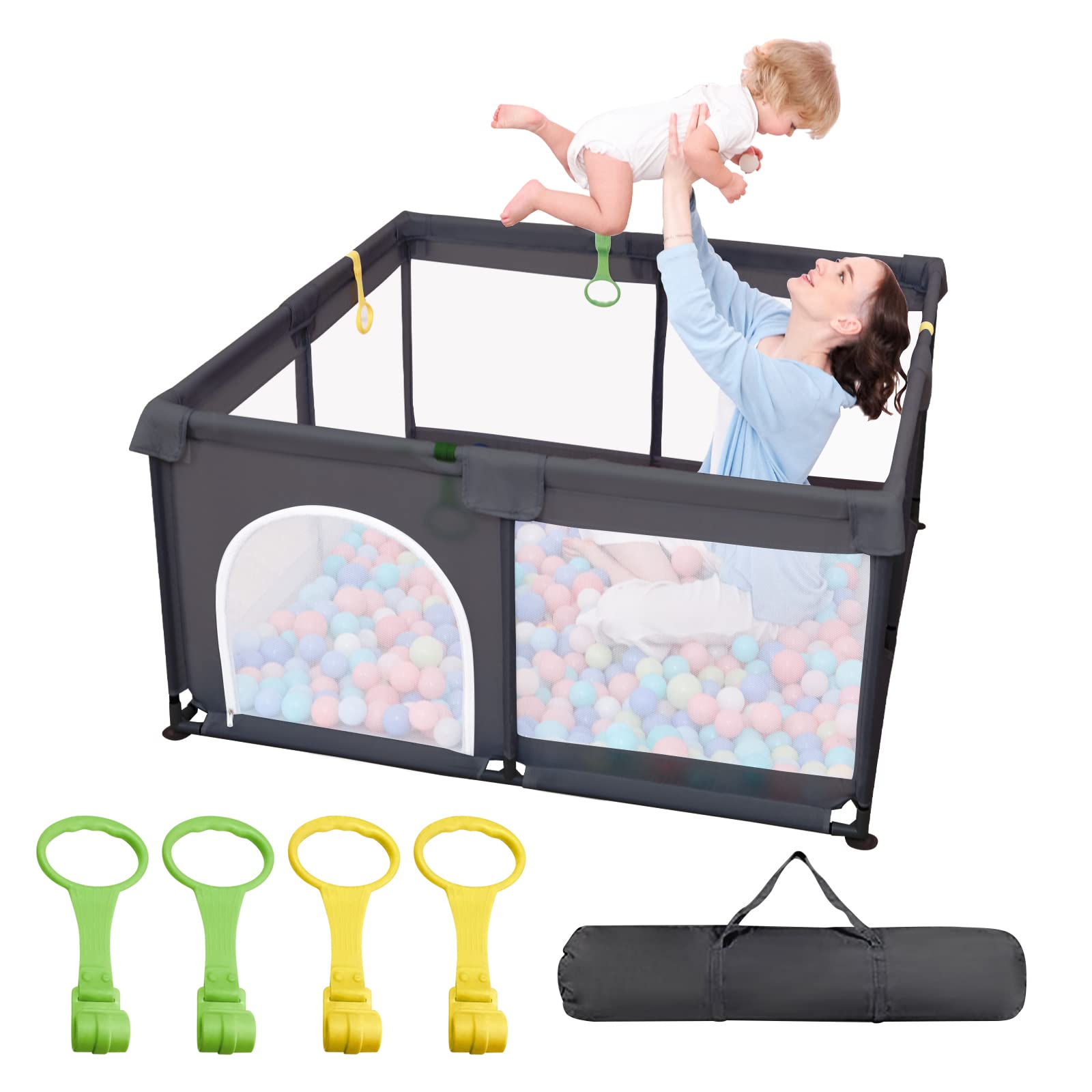 Baby Playpen 51-Inch Large Playyard for Toddler - Reliable Kids Activity Center for Infant, Sturdy Safety Playpen with Thickened Pipes+ Anti-Slip Suckers+Soft Breathable Mesh(Dark Gray, 51-Inch)