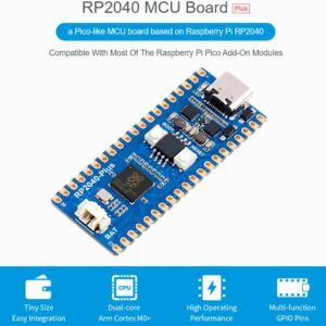 waveshare RP2040-Plus Board with Pre-Soldered Header, Pico-Like MCU Board Based on Raspberry Pi RP2040, Dual-Core Arm Cortex M0+ Processor Onboard 4MB Flash,USB-C Connector,Recharge Header,etc