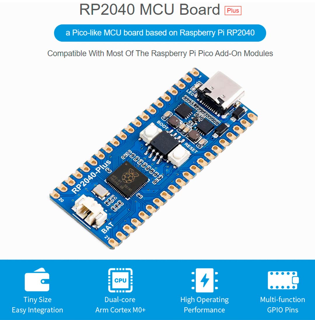 waveshare RP2040-Plus Board with Pre-Soldered Header, Pico-Like MCU Board Based on Raspberry Pi RP2040, Dual-Core Arm Cortex M0+ Processor Onboard 4MB Flash,USB-C Connector,Recharge Header,etc