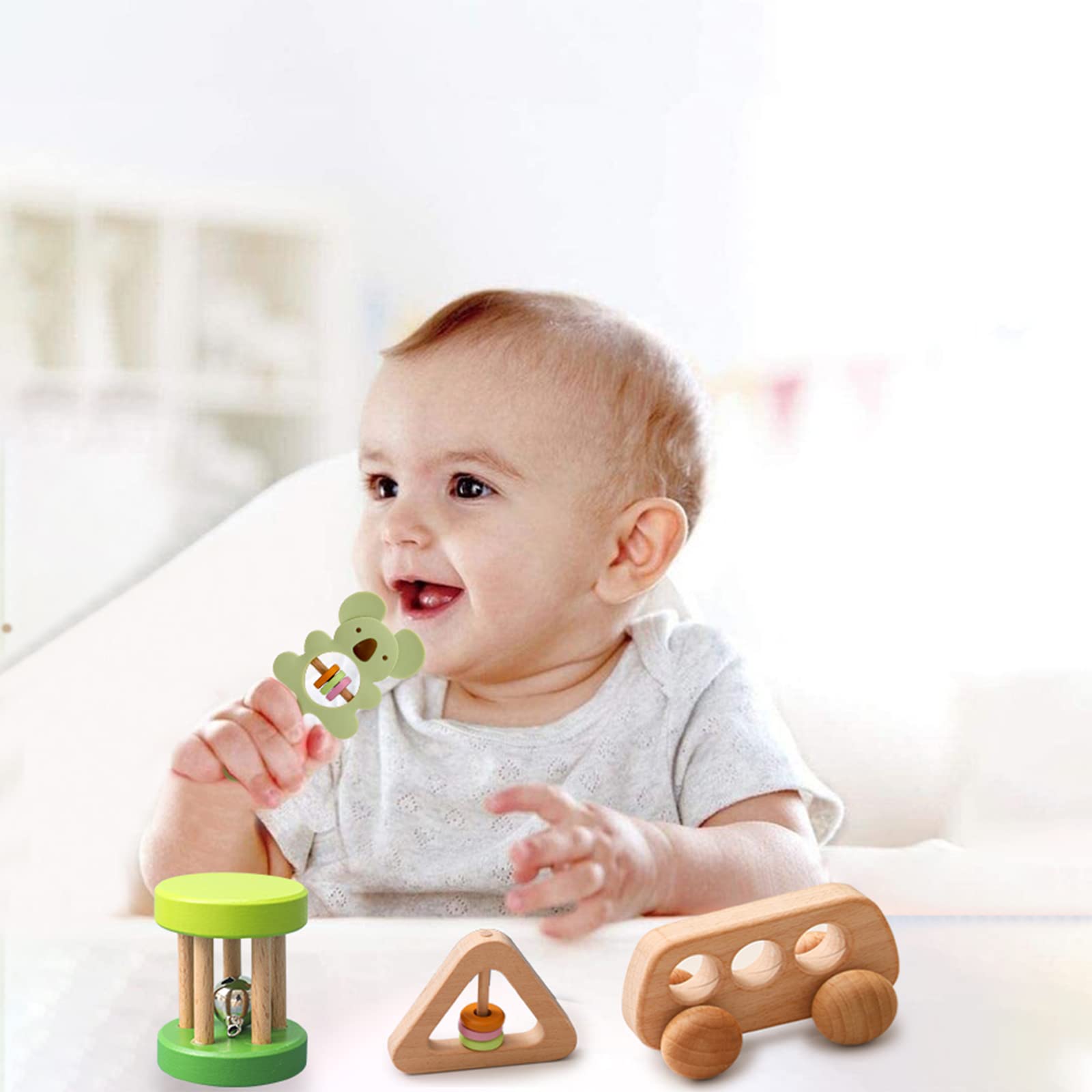 Promise Babe Wooden Baby Toys 4pcs Rattles Set Baby Toys Montessori Toys for Babies,Green