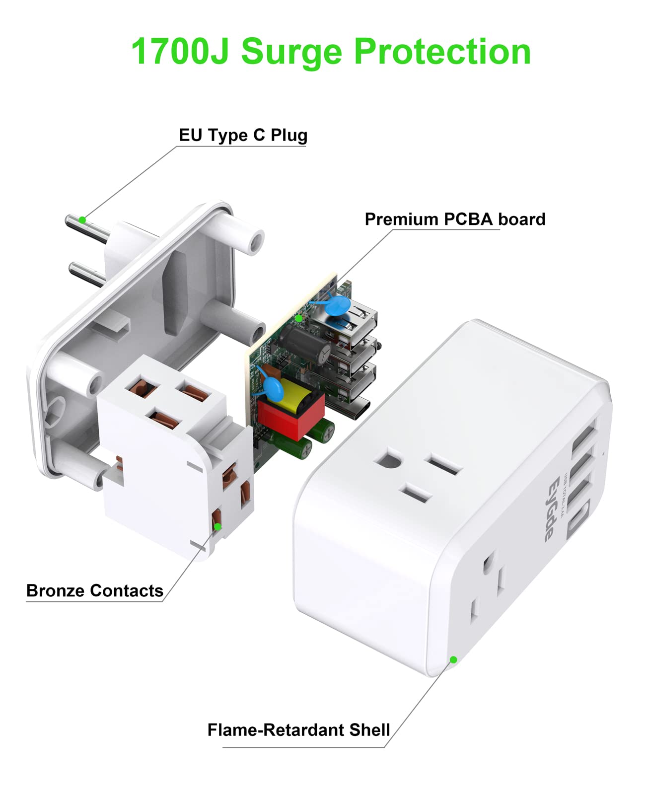 European Travel Plug Adapter, EyGde International Travel Power Adater 3 American Outlets with 1 USB Type C and 3 USB Charger, US to EU Plug Adapter for France, Germany, Greece, Italy, Israel, Spain