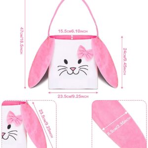 NUFR 2 Pcs Easter Bunny Basket Egg Bags, Easter Rabbit Canvas Tote Bag with Handle and Fluffy Ears for Kids Boys Girls, Easter Bunny Bag Bucket for Eggs Hunting, Candy, Pink+Blue