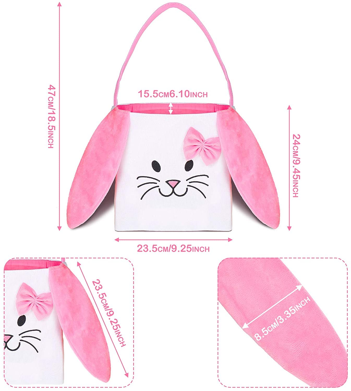 NUFR 2 Pcs Easter Bunny Basket Egg Bags, Easter Rabbit Canvas Tote Bag with Handle and Fluffy Ears for Kids Boys Girls, Easter Bunny Bag Bucket for Eggs Hunting, Candy, Pink+Blue