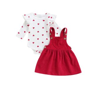 0-18m infant baby girls outfits long sleeve ruffle knit heart print romper+ suspender skirt overall dress set (red, 3-6 months)