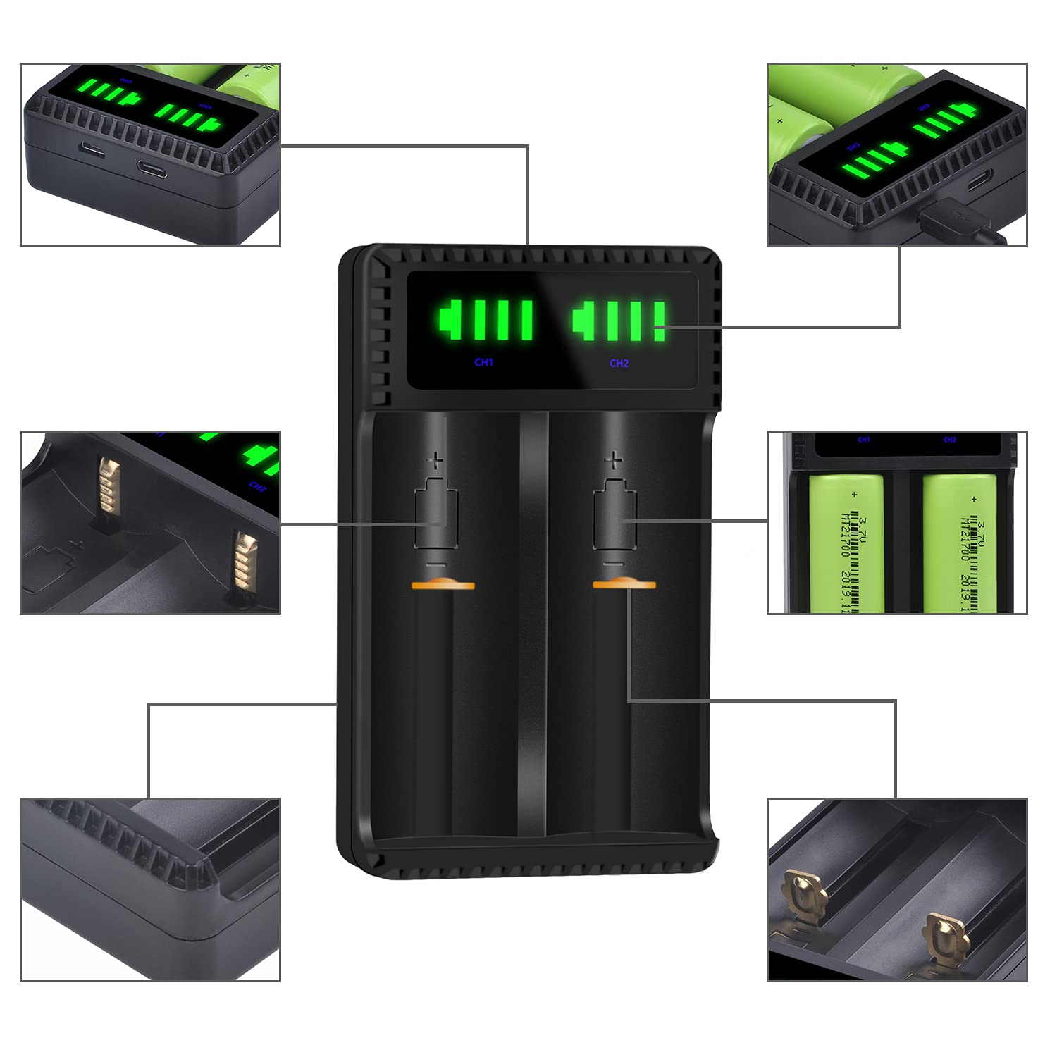 PowerTrust LED Universal Battery Charger for 21700 26650 22650 18650 18490 18350 17670 17500 16340 14500 10440 Rechargeable Batteries