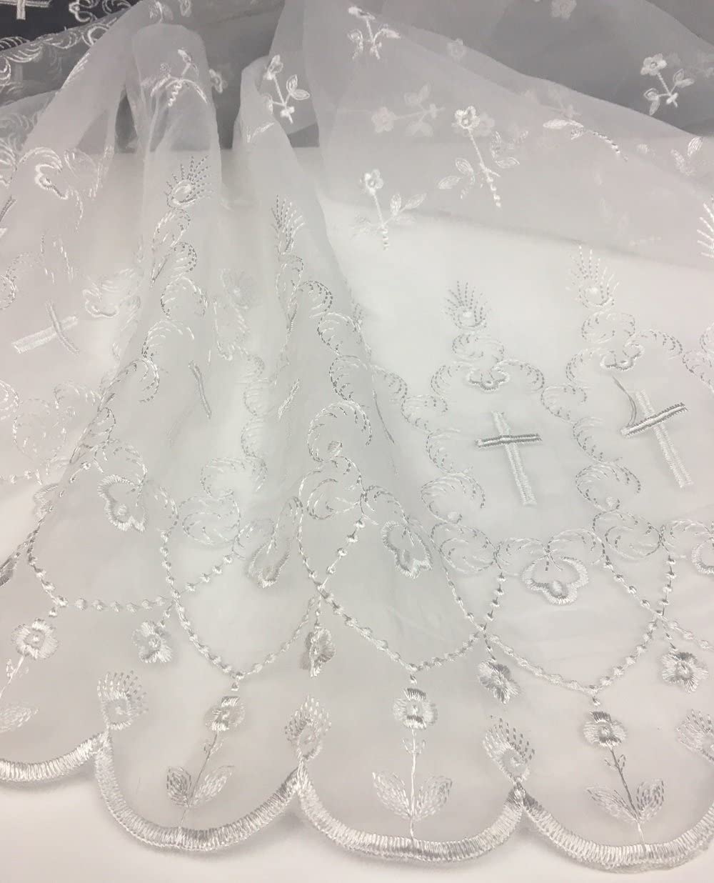 Holy Chalice Cross Embroidered Organza Fabric Double Border, 52" Wide, White, Multi-Use Garment Bridal Communion Christening Baptism Cape Gowns (White, 2)