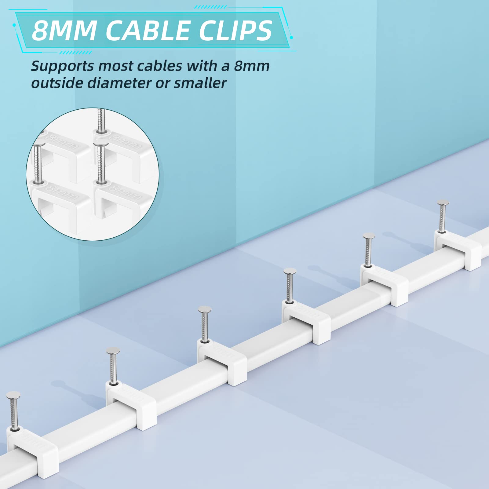 Cable Clips White - AOPOCKAN TECH 100 Pieces Ethernet Cable Clips with Steel Nails 8mm Cord Holder for Cat8 Cat7 Cat6 Round Ethernet Cable - 0.32 inch