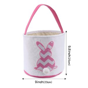 Cootato Easter Bunny Basket Bags for Kids, Stripe Rabbit Pattern Egg Basket Hunt Bags Personalized Canvas Cotton Bucket with Fluffy Tail for Easter Eggs, Candy, Gift (Pink)