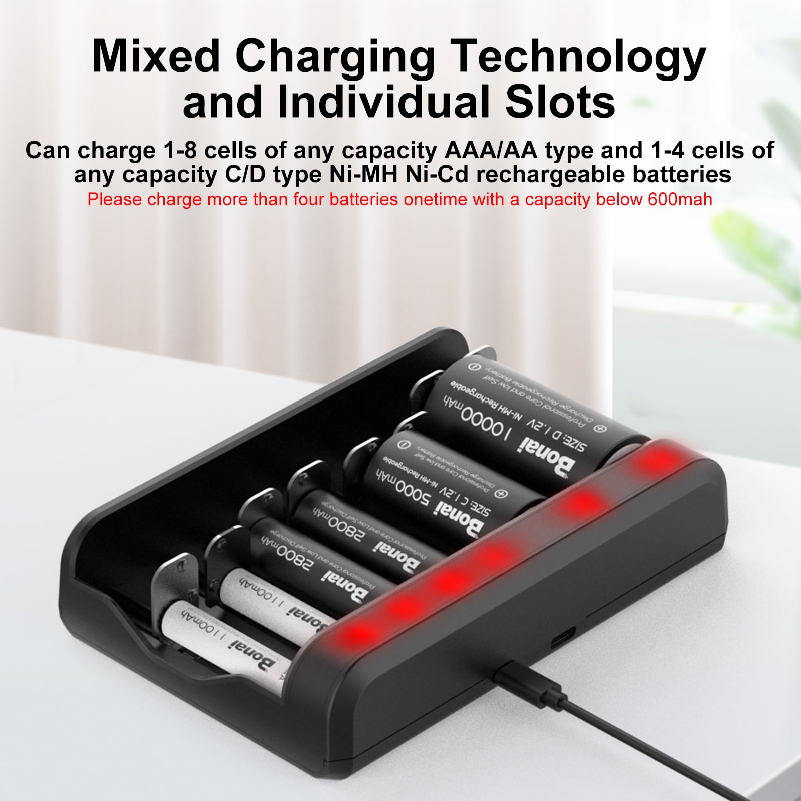 BONAI AA AAA C D SC Battery Charger with Detection Function, USB High-Speed Charging, Independent Slot, 8 Bay Household Battery Charger for Ni-MH Ni-CD Rechargeable Batteries