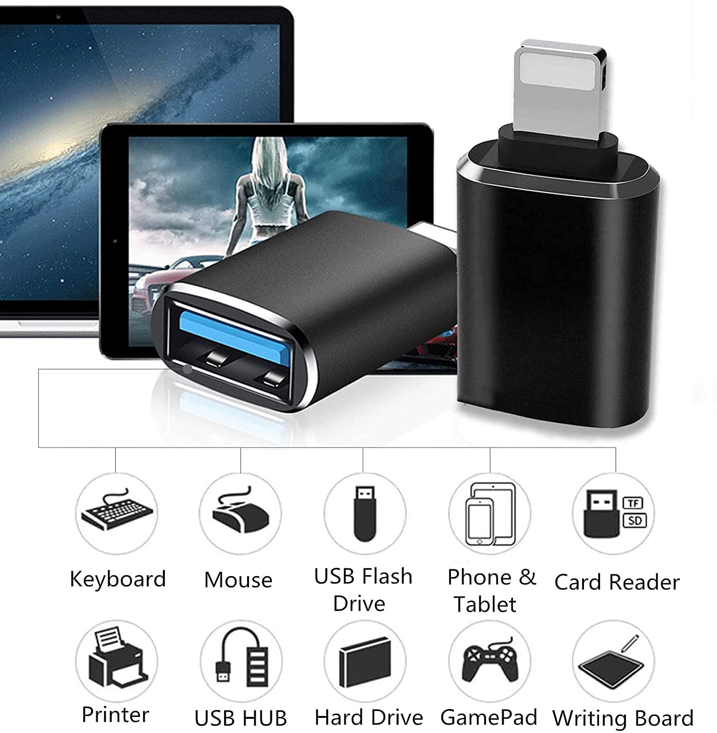 (Apple MFi Certified)Lightning Male to USB3.0 Female Adapter OTG Cable,2 Pack Portable USB Camera Adapter OTG Data Sync Cable for iPhone13/12/11/Xr/X/XS/8/7/Card Reader/Flash Drive/Mouse/MIDI Keyboard