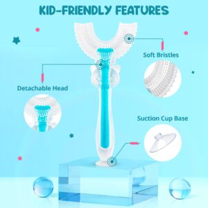 Set of 2 U-Shaped Toothbrushes for Kids with Suction Cup Whole Mouth 360 Cleaning Toothbrushes with Suction Cup Manual Toothbrush for Toddlers 2-6 Silicone Food Grade for Sensitive Teeth Large Blue