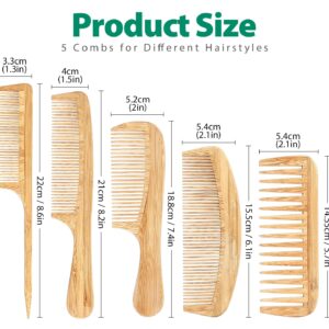 5 Pcs Natural Handmade Bamboo Anti-Static Combs Set - Wide Tooth, Rat Tail and Fine Tooth for Long, Short, Thick, Thin, Wavy or Curly Hair Detangling (Natural)