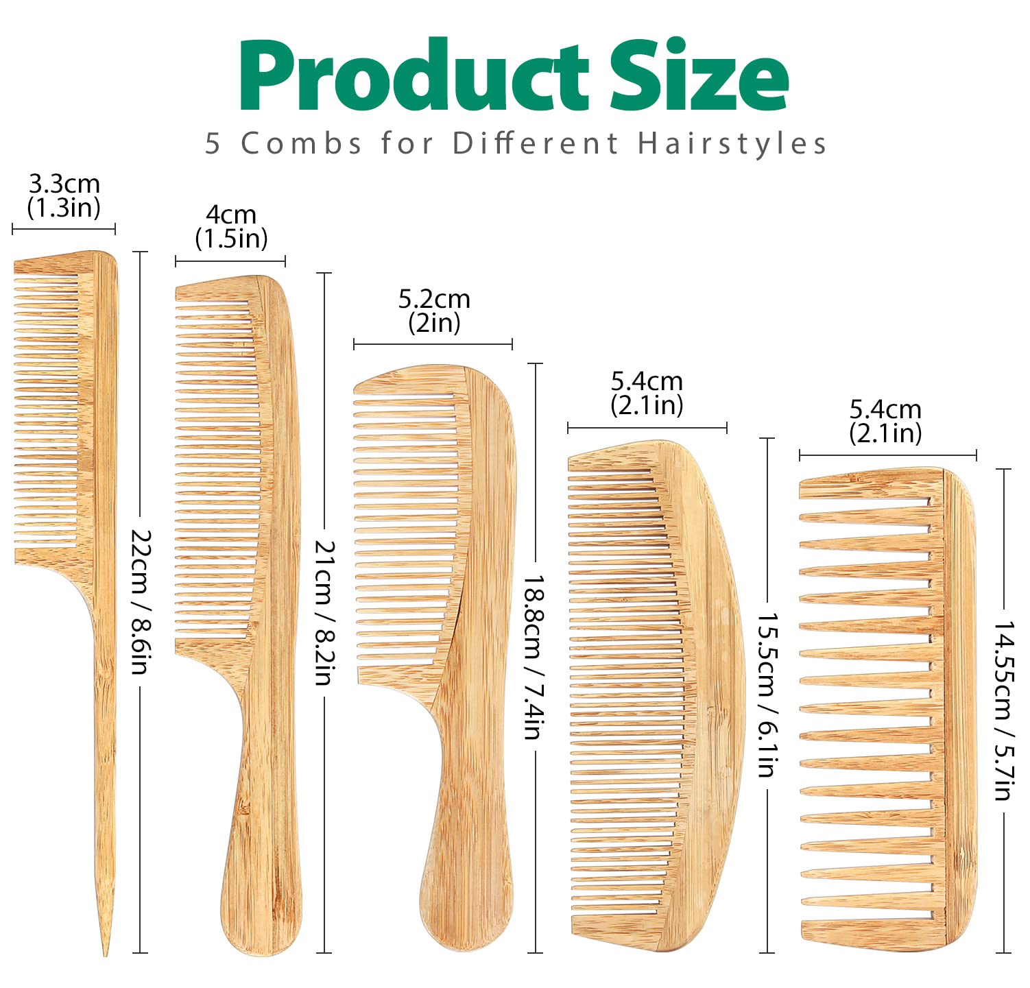 5 Pcs Natural Handmade Bamboo Anti-Static Combs Set - Wide Tooth, Rat Tail and Fine Tooth for Long, Short, Thick, Thin, Wavy or Curly Hair Detangling (Natural)