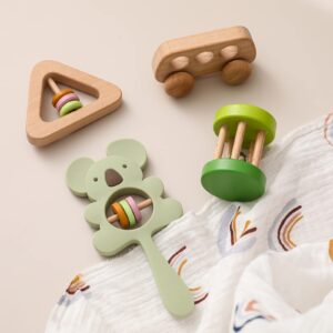 promise babe wooden baby toys 4pcs rattles set baby toys montessori toys for babies,green