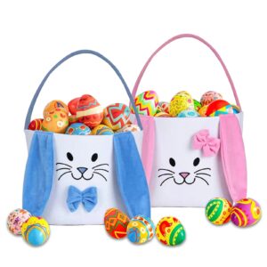 nufr 2 pcs easter bunny basket egg bags, easter rabbit canvas tote bag with handle and fluffy ears for kids boys girls, easter bunny bag bucket for eggs hunting, candy, pink+blue