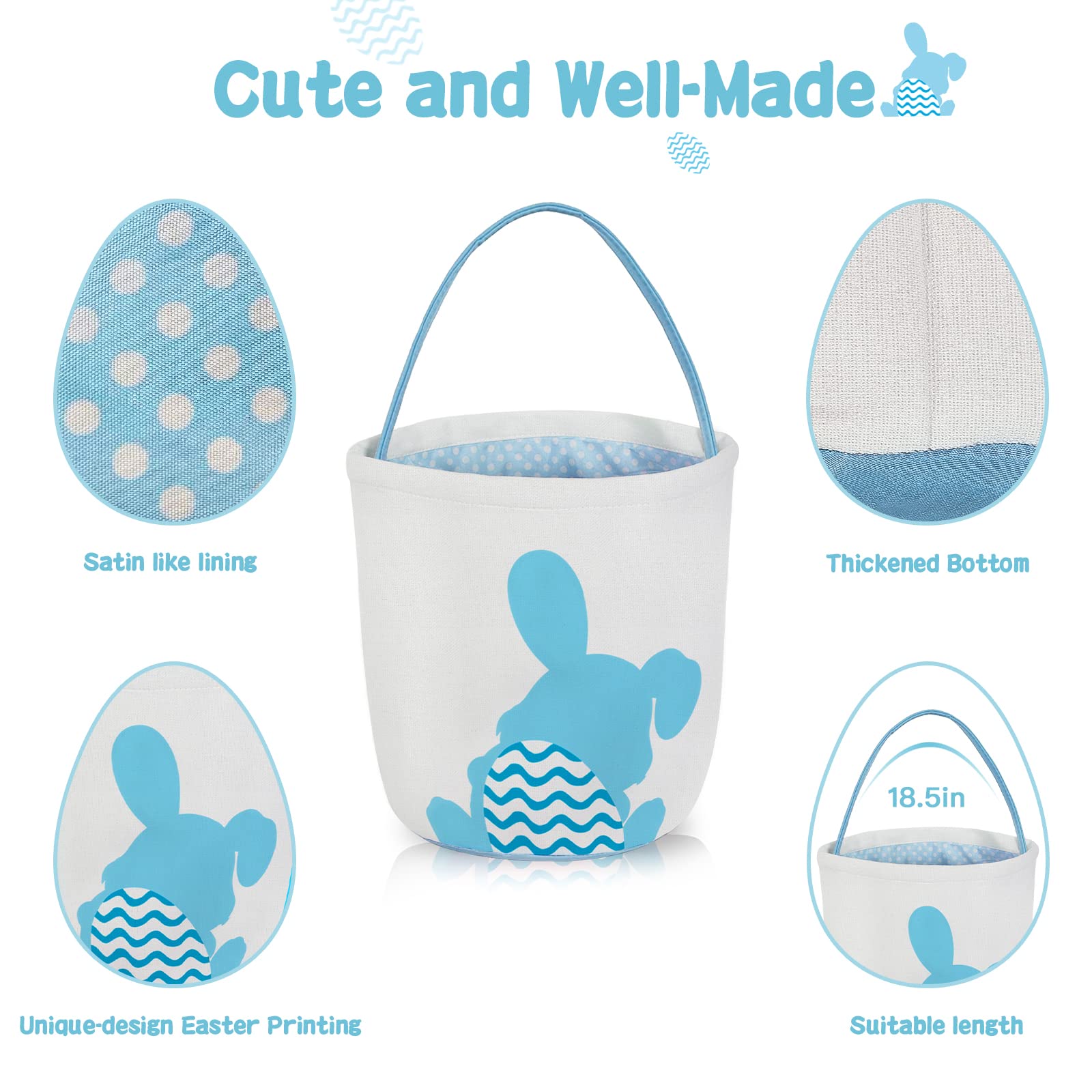 Easter Bunny Basket Bags for Kids, HOTMAI Canvas Cotton Tote Bag Easter Buckets and Eggs Hunt Bag, Personalized Basket Easter Gift for Boys Girls(Blue)