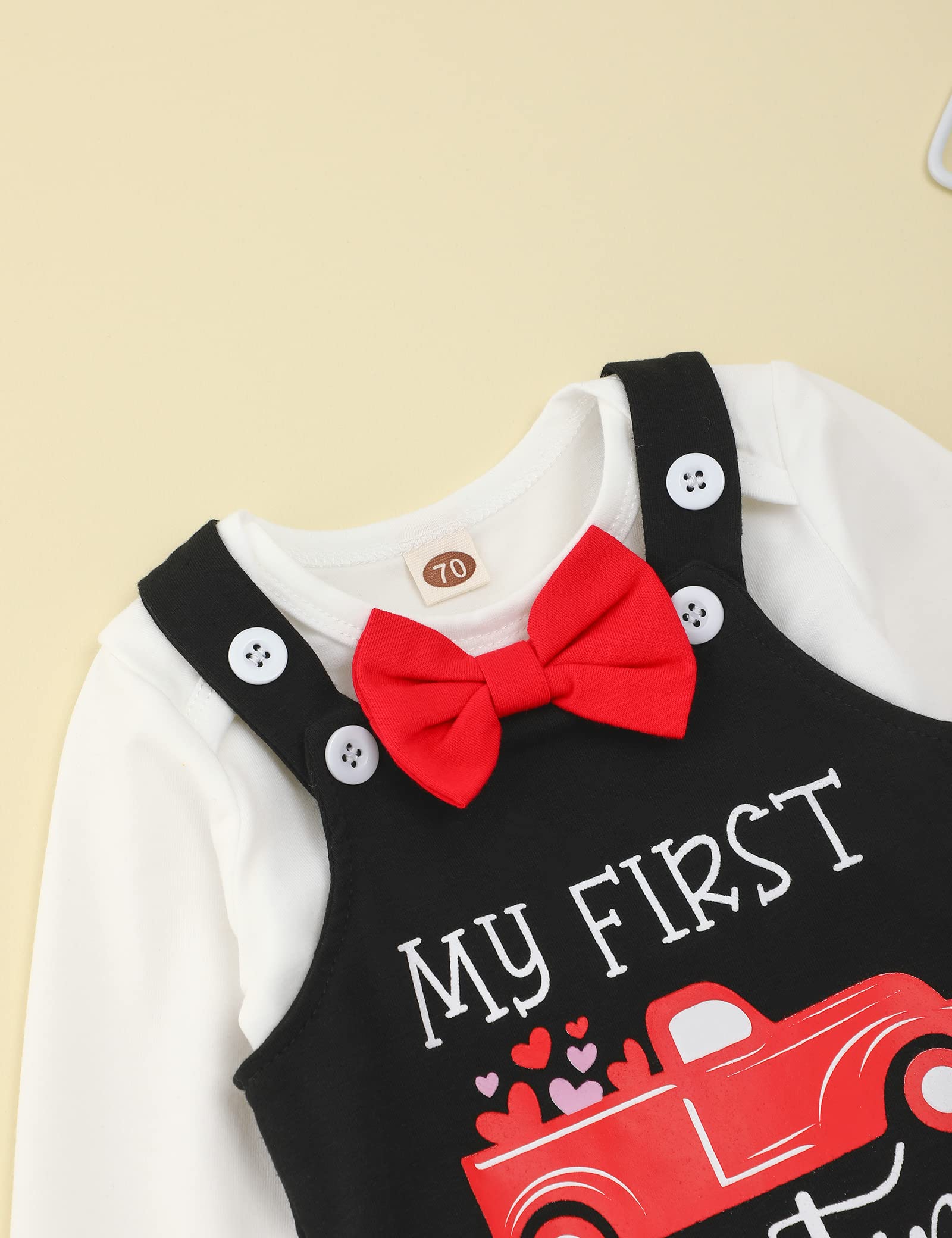 bilison My First Valentine's Day Outfit Newborn Baby Boys Clothes Bow Tie Bodysuit Print Overalls 2Pcs Romper Set 0-12 Months