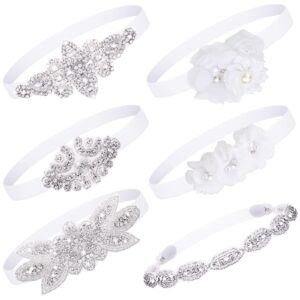 juinte 6 pcs white baptism headband for baby girl toddler elastic chiffon flower crystal lace headbands christening white baby baptism headband gifts birthday baby shower party (3-6 months)