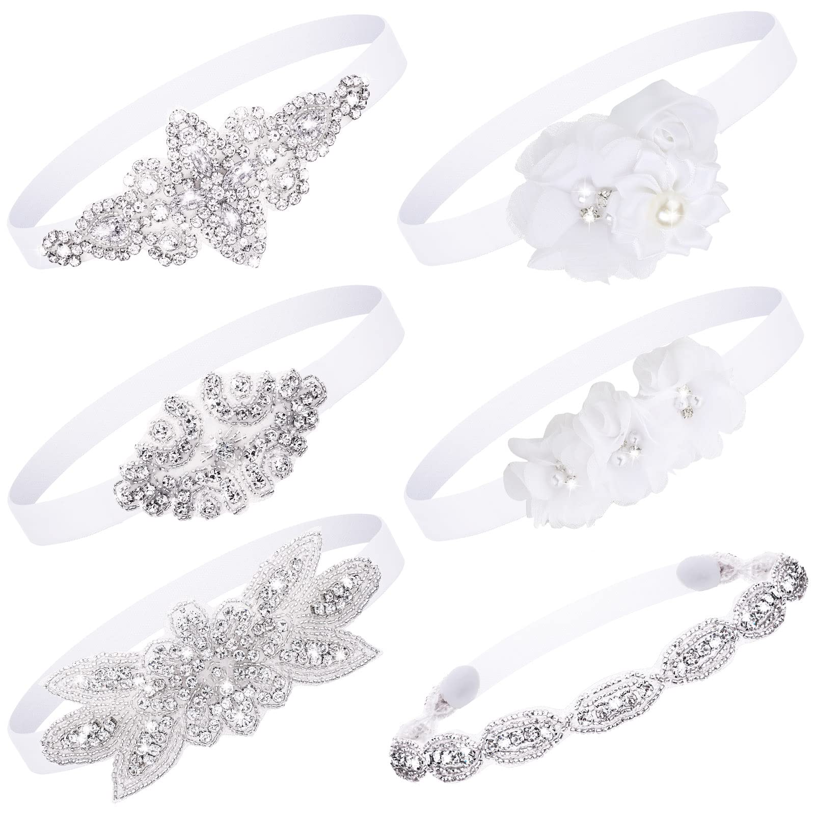 Juinte 6 Pcs White Baptism Headband for Baby Girl Toddler Elastic Chiffon Flower Crystal Lace Headbands Christening White Baby Baptism Headband Gifts Birthday Baby Shower Party (3-6 Months)