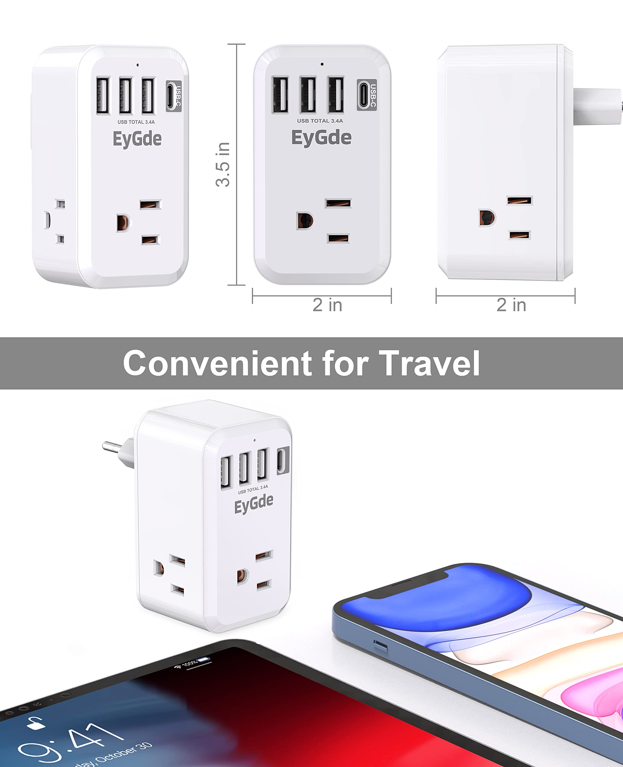 European Travel Plug Adapter, EyGde International Travel Power Adater 3 American Outlets with 1 USB Type C and 3 USB Charger, US to EU Plug Adapter for France, Germany, Greece, Italy, Israel, Spain