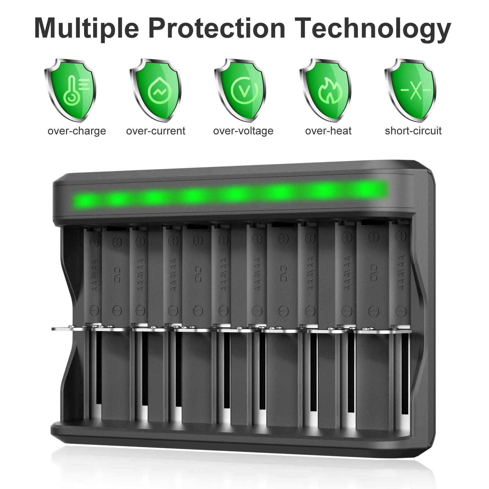 BONAI AA AAA C D SC Battery Charger with Detection Function, USB High-Speed Charging, Independent Slot, 8 Bay Household Battery Charger for Ni-MH Ni-CD Rechargeable Batteries