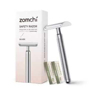 zomchi double edge safety razor for men & women, premium metal razor with 10 double edge safety razor blades,single blade razor – noble silver