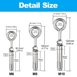 Shoulder Eye Bolts M10 Heavy Duty Shoulder Lag Eyebolts, Stainless Steel Expansion Screws Wall Concrete Anchors Fastener with Nut for Wall Ceiling Concrete Masonry, 10PCS