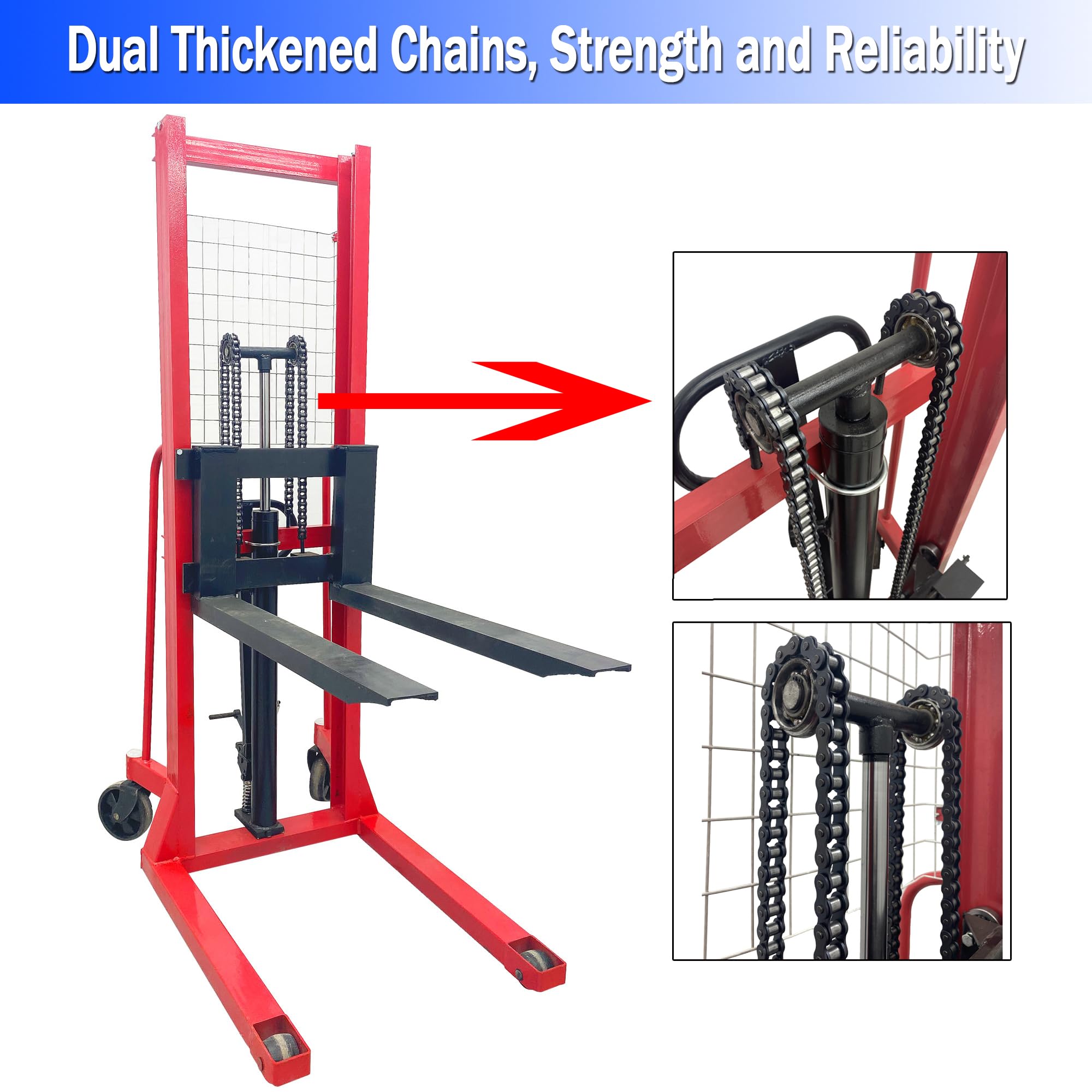 EQCOTWEA 2T Manual Forklift Pallet Stacker, 4400 lbs Capacity, 63-inch Lift Height, Adjustable Forks, Hydraulic System Stacker, Hand Operated Pallet Forklift for Lifting Single-Sided Pallets