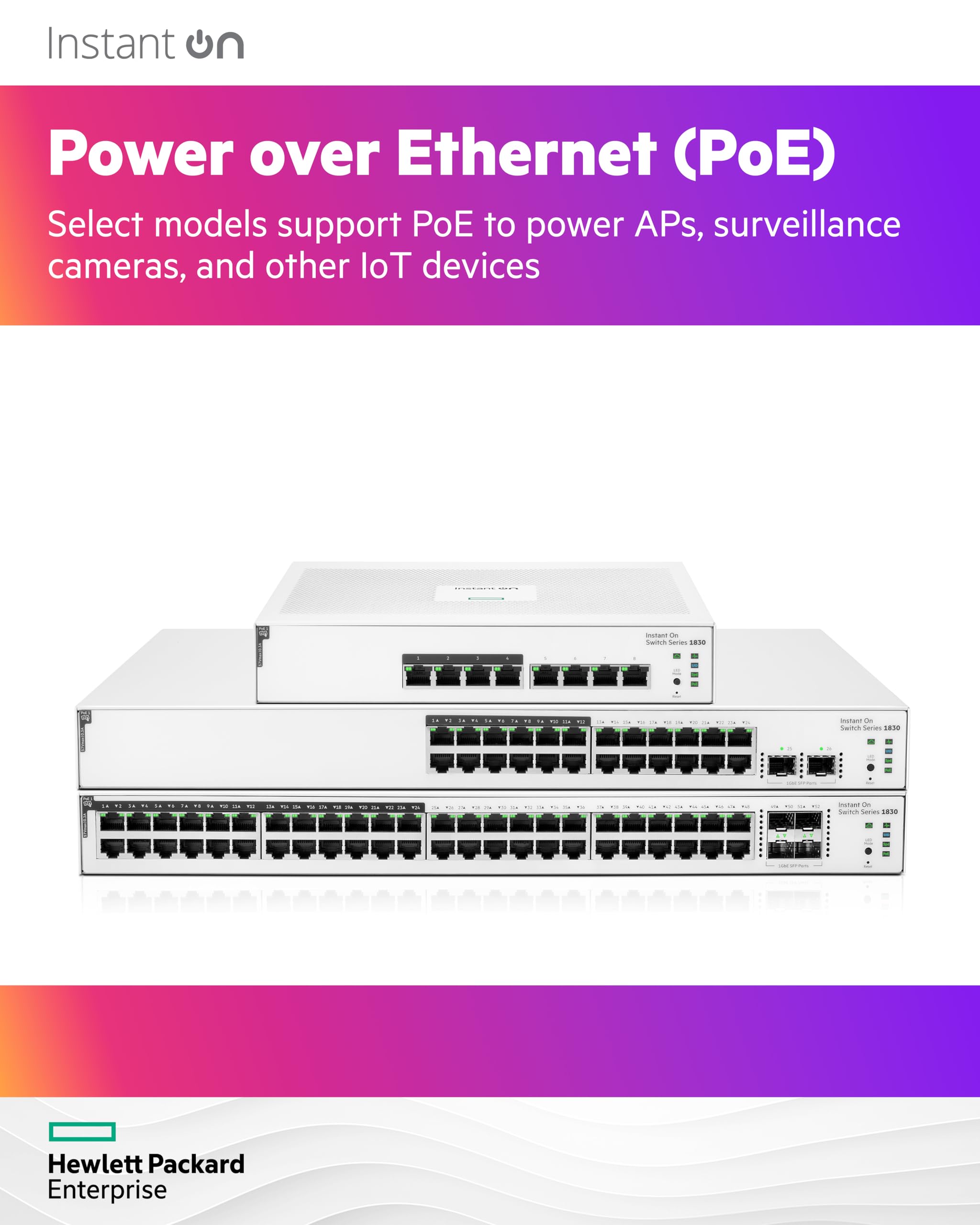 HPE Networking Instant On Switch Series 1830 24-Port Gb Smart-Managed Layer 2 Ethernet Switch with PoE | 24x 1G | 2X SFP | 12x CL4 PoE (195W) | Fan-Less | US Cord (JL813A#ABA)