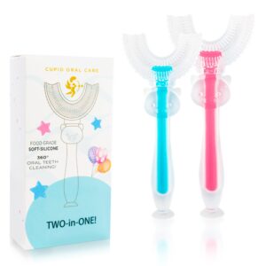 set of 2 u-shaped toothbrushes for kids with suction cup whole mouth 360 cleaning toothbrushes with suction cup manual toothbrush for toddlers 2-6 silicone food grade for sensitive teeth large blue