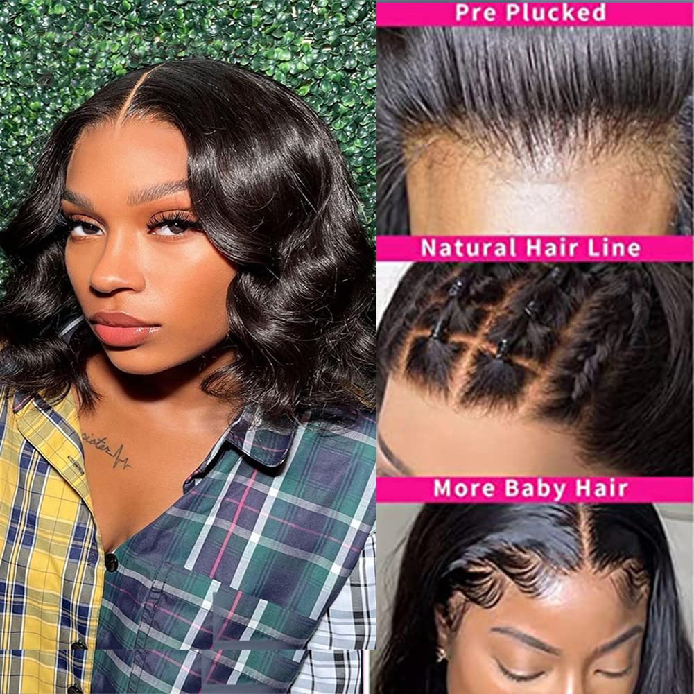 BSTDAE Short Body Wave Lace Closure Wigs Human Hair 180 Density Short Bob Wigs Body Wave 4X4 Lace Front Wig Glueless Wigs Body Wave Human Hair Wigs Pre Plucked Natural Color (12 Inch, 4x4 Wig)