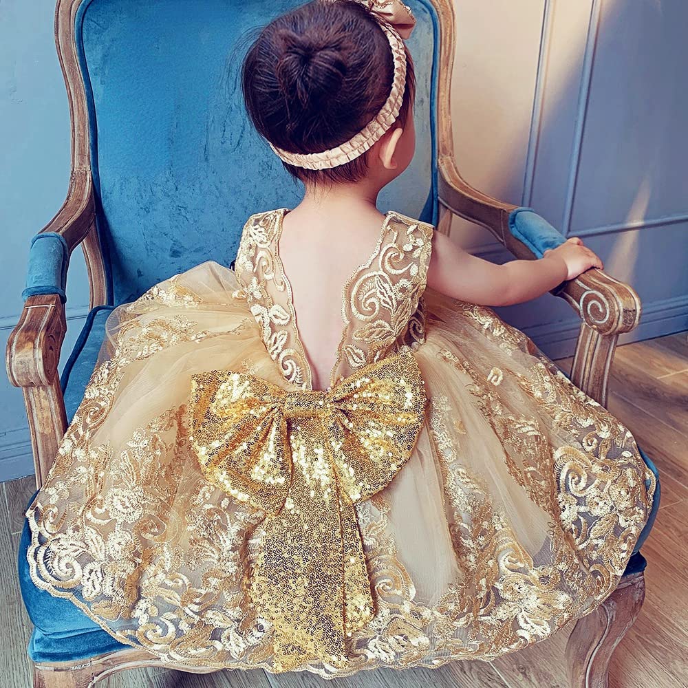 Baby Princess Girls Embroidery Dresses Toddler Lace Ruffles New Year Easter Tutu Dress with Headwear 12M 18M (Golden,80)