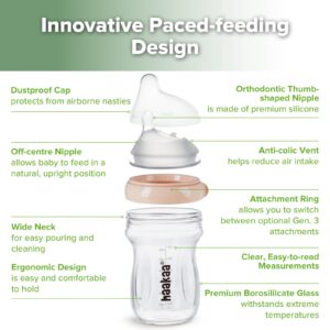 haakaa Gen.3 Natural Glass Baby Bottle Wide Neck Anti-Colic Variable Flow Nipple - Easy to Clean & Latch for 6M+ Breastfed Babies, Newborn Registry Essentials,BPA-Free, 6.3 oz/180 ml, Peach