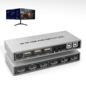 kvm switch dual monitor displayport 4k@60hz extended display, dp 1.2 kvm switch 2 in 2 out with audio microphone output and 3 usb 2.0 hub, pc 2 monitors keyboard mouse switcher with 2 usb cables