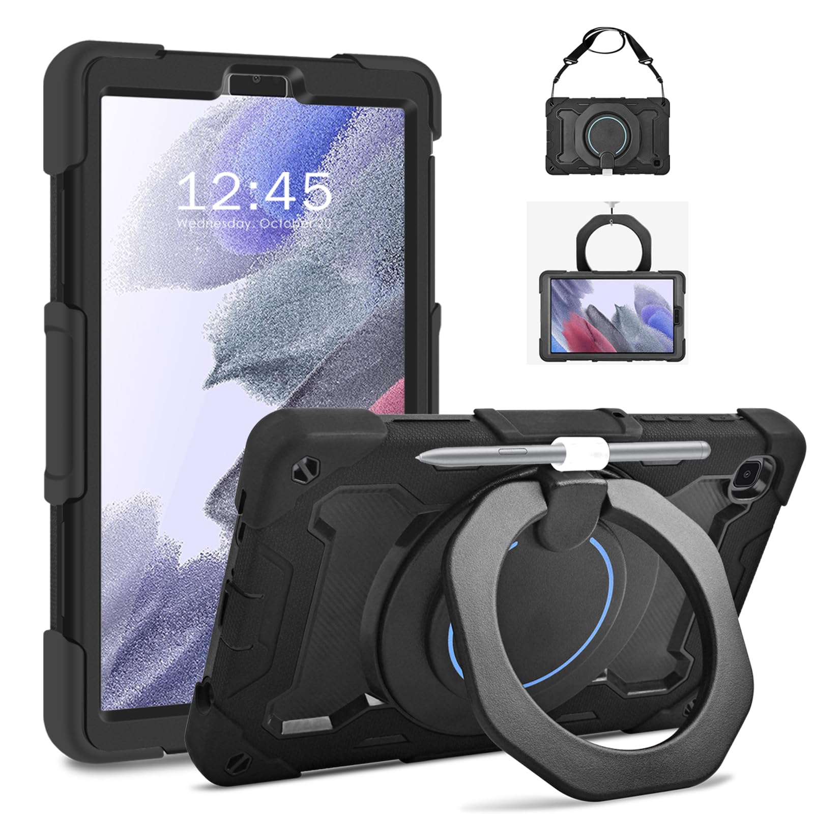 DETUOSI Case for Galaxy Tab A7 Lite 8.7 inch with Rotate Stand & Shoulder Strap, Full-Body Shockproof Protective Case with Pencil Holder for Galaxy Tab A7 Lite 8.7" 2021 SM-T220/T225/T227, Black