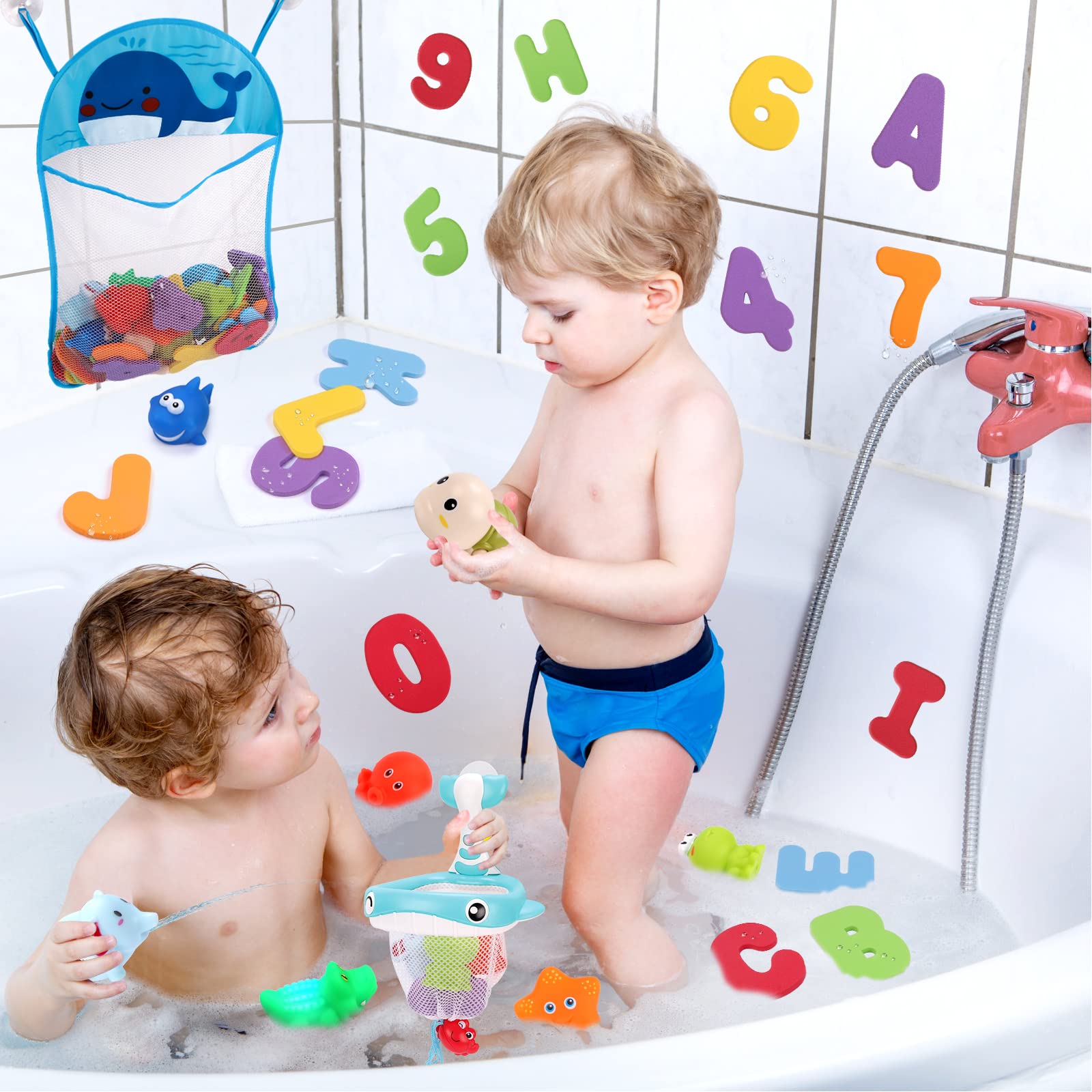 KaeKid Baby Bath Toys, 36 Foam Bath Letters & Numbers, Light up Bathtub Toys, Water Spray & Squeeze Bath Set with Fishing Net & Organizer Bag, Bath Water Toys for Kids Toddlers Gifts 18 Months