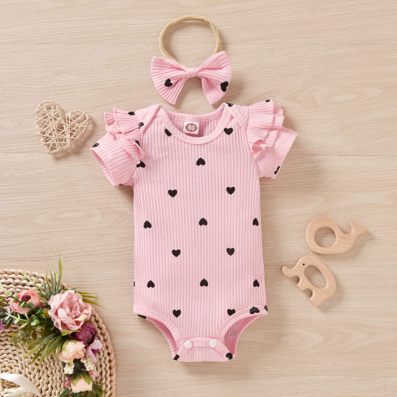 Aalizzwell Newborn Infant Baby Girls Clothes Ribbed Heart Short Sleeve Spring Summer Outfits Valentines Pink NB